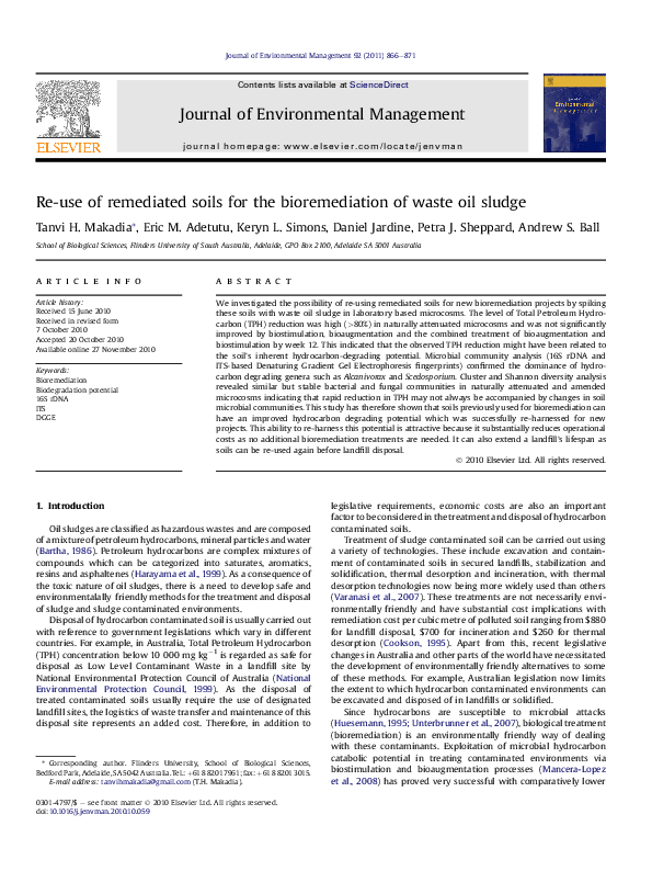 (PDF) Re-use of remediated soils for the bioremediation of waste oil sludge