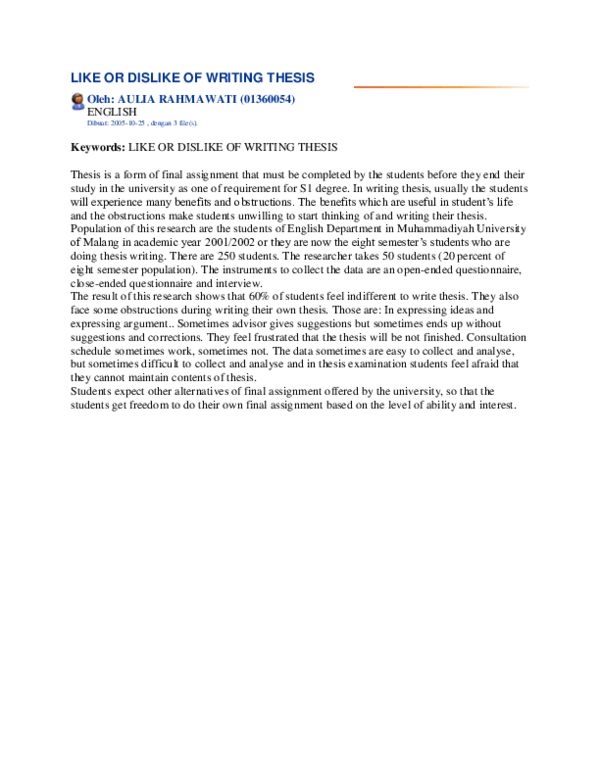 (PDF) Like or Dislike of Writing Thesis | Aulia Rahmawati - Academia.edu