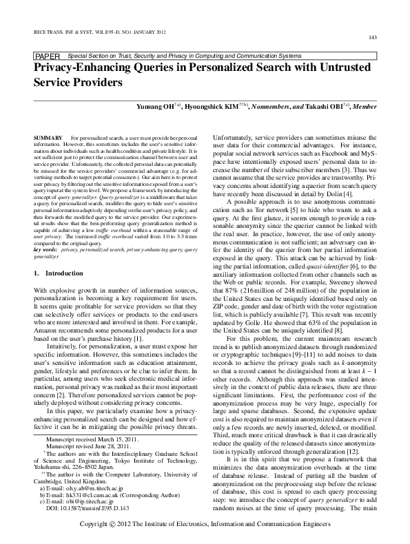 (PDF) Privacy-Enhancing Queries in Personalized Search with Untrusted ...