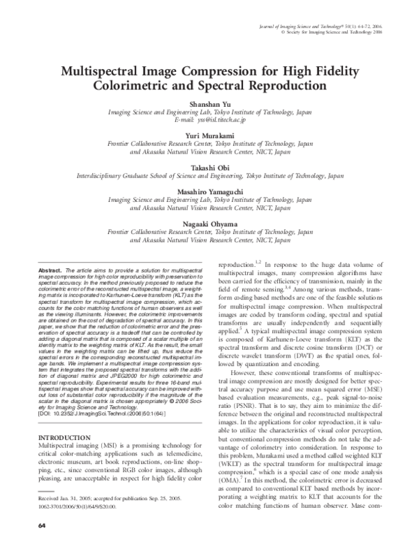(PDF) Multispectral Image Compression for High Fidelity Colorimetric and Spectral Reproduction