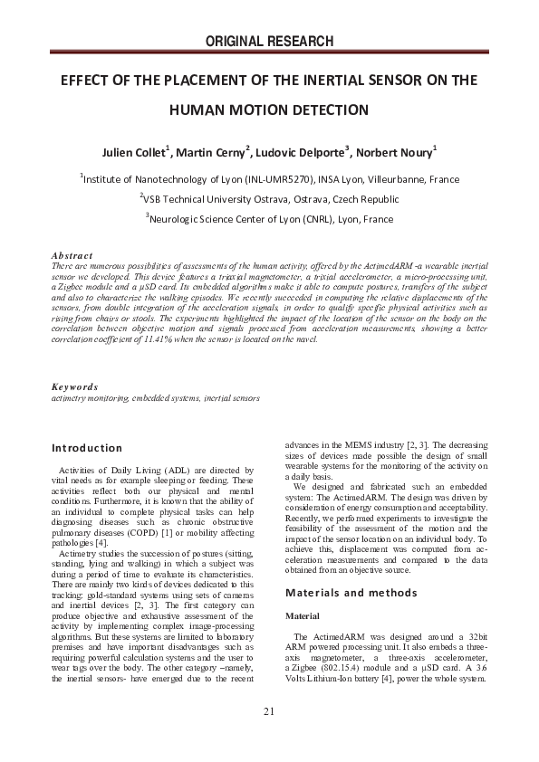 (PDF) Original Research Effect of the Placement of the Inertial Sensor on the Human Motion Detection
