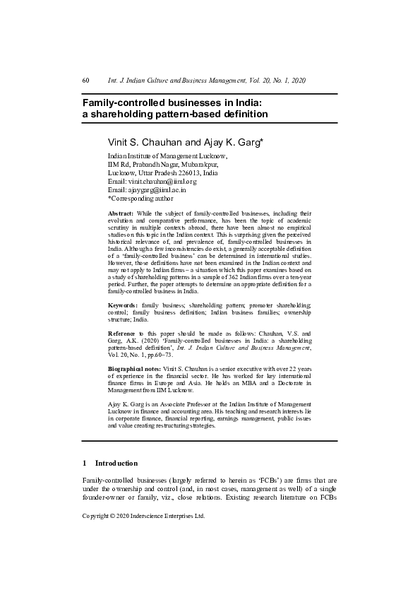 (PDF) Family Controlled Businesses in India: A Shareholding Pattern ...