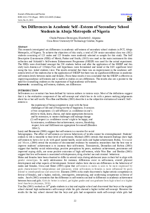 Pdf Sex Differences In Academic Self Esteem Of Secondary School