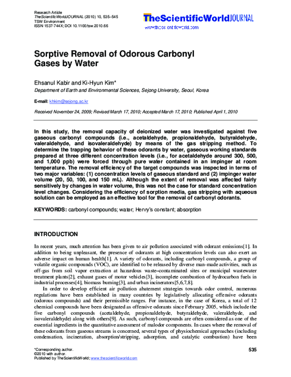 (PDF) Sorptive Removal of Odorous Carbonyl Gases by Water