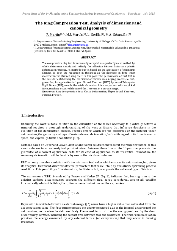 (PDF) The Ring Compression Test: Analysis of Dimensions and Canonical ...