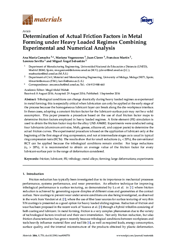 (PDF) Determination of Actual Friction Factors in Metal Forming under Heavy Loaded Regimes ...