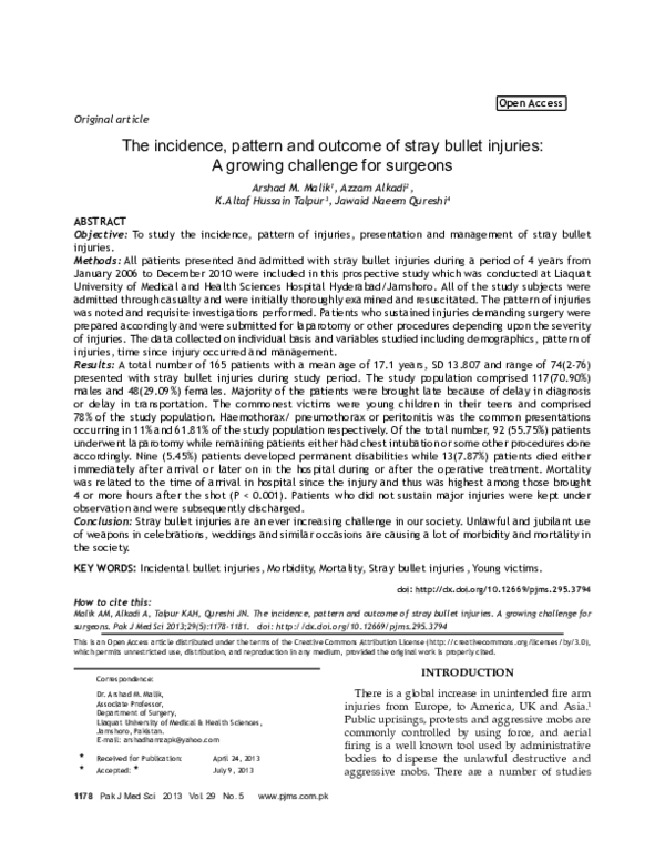 (PDF) The incidence, pattern and outcome of stray bullet injuries: A ...