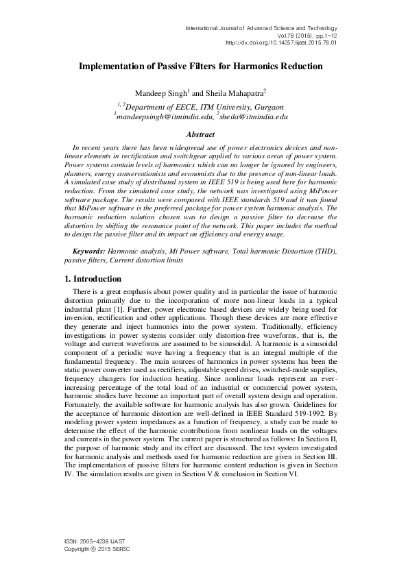 (PDF) Implementation of Passive Filters for Harmonics Reduction