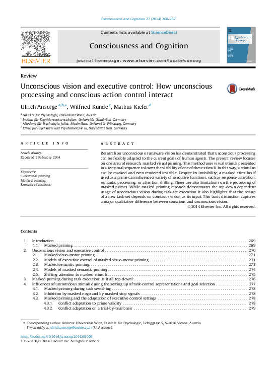 (PDF) Unconscious vision and executive control: how unconscious ...