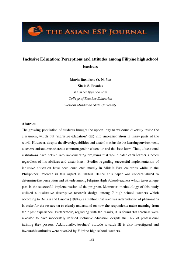 (PDF) Inclusive Education: Perceptions and attitudes among Filipino high school teachers