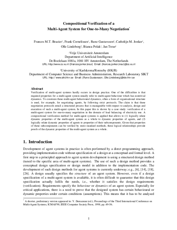 (PDF) Compositional Verification of a Multi-Agent System for One-to-Many Negotiation | Ambuj ...