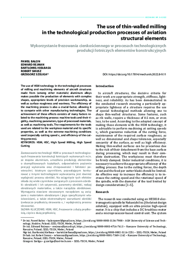(PDF) The use of thin-walled milling in the technological production processes of aviation ...