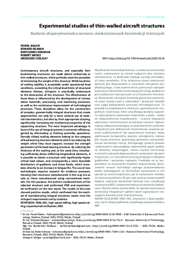 (PDF) Experimental studies of thin-walled aircraft structures