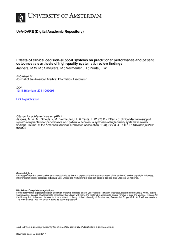 (PDF) Effects of clinical decision-support systems on practitioner performance and patient ...