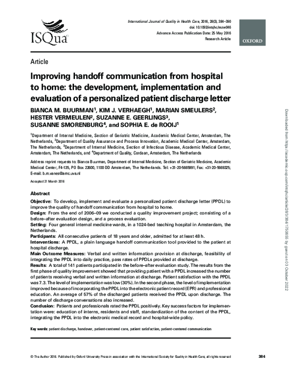 (PDF) Improving handoff communication from hospital to home: the ...