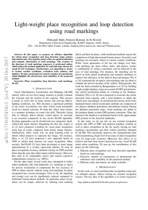 (PDF) Light-weight place recognition and loop detection using road markings