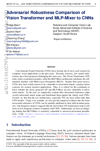 (PDF) Adversarial Robustness Comparison of Vision Transformer and MLP-Mixer to CNNs