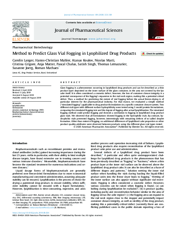 (PDF) Method to Predict Glass Vial Fogging in Lyophilized Drug Products