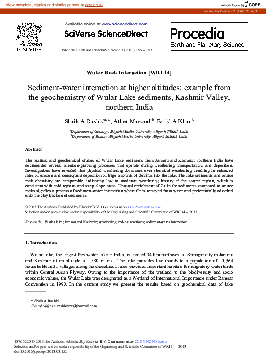 (PDF) Sediment-Water Interaction at Higher Altitudes: Example from the ...