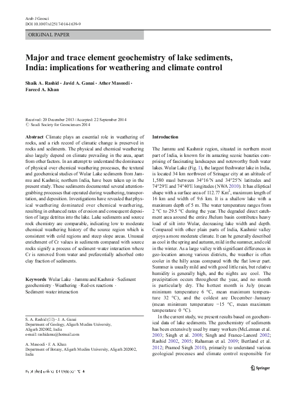 (PDF) Major and trace element geochemistry of lake sediments, India: implications for weathering ...