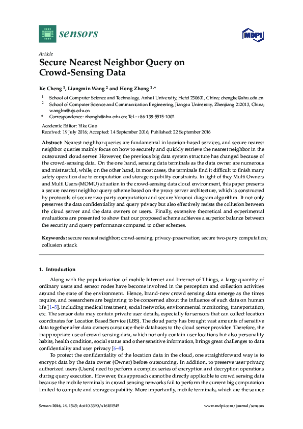 Pdf Secure Nearest Neighbor Query On Crowd Sensing Data
