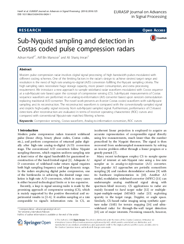 (PDF) Sub-Nyquist sampling and detection in Costas coded pulse compression radars