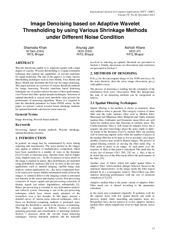 Pdf Image Denoising Based On Adaptive Wavelet Thresholding By Using Various Shrinkage Methods