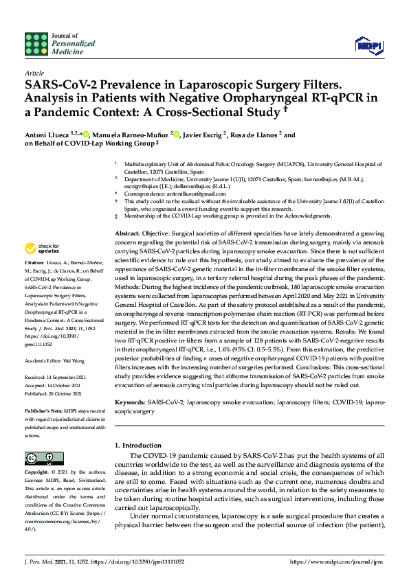 (PDF) SARS-CoV-2 Prevalence in Laparoscopic Surgery Filters. Analysis ...