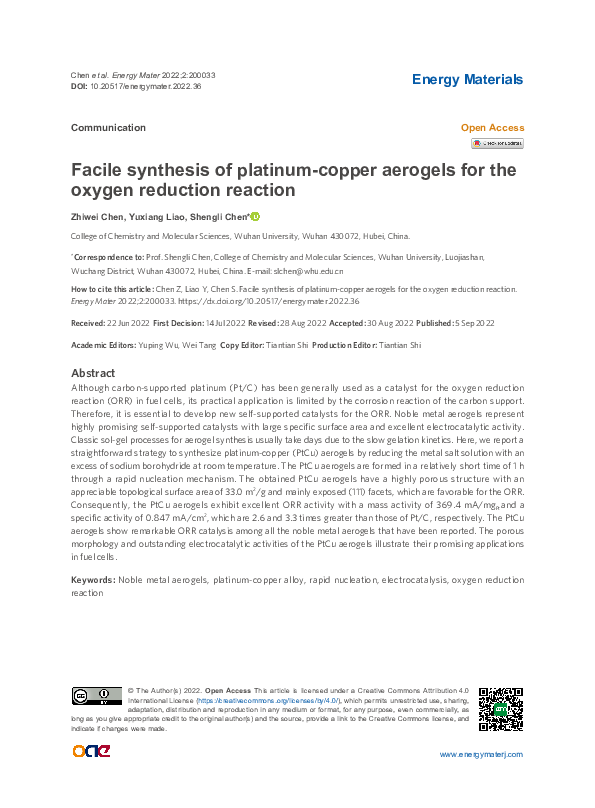 (PDF) Facile synthesis of platinum-copper aerogels for the oxygen ... (PDF) Facile synthesis of platinum-copper aerogels for the oxygen ...