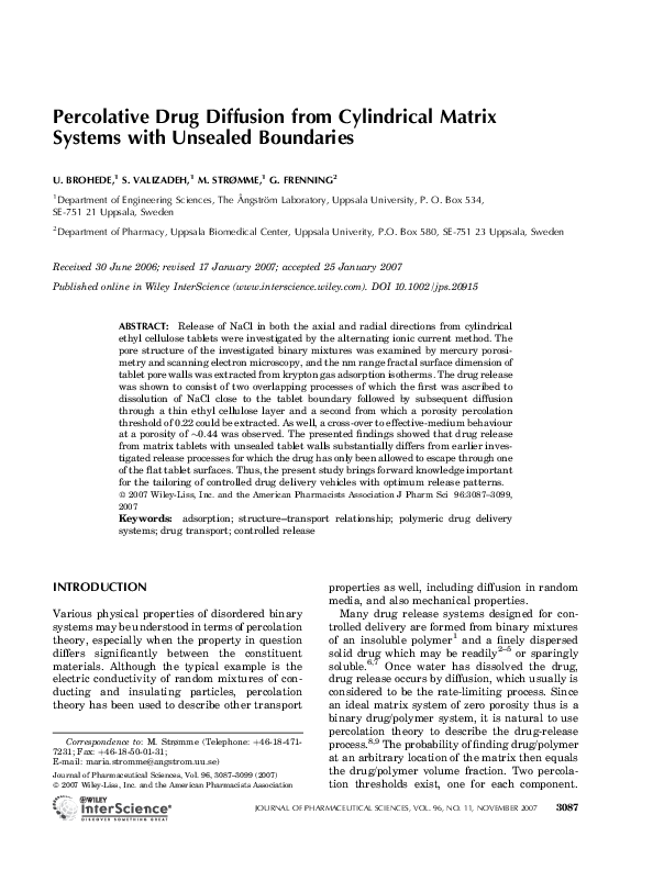 (PDF) Percolative drug diffusion from cylindrical matrix systems with ...