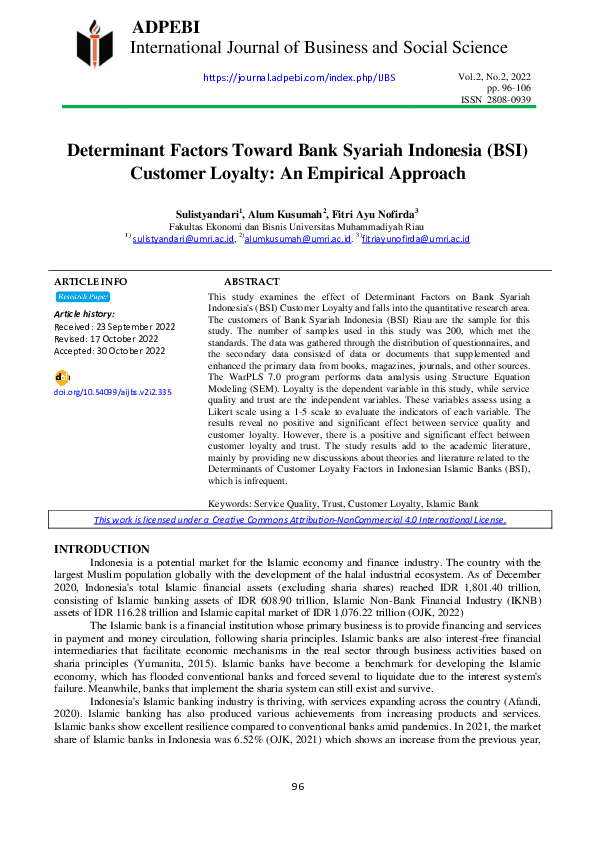 (PDF) Determinant Factors Toward Bank Syariah Indonesia (BSI) Customer Loyalty: An Empirical ...