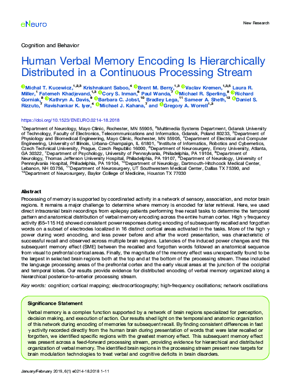 (PDF) Human Verbal Memory Encoding Is Hierarchically Distributed in a ...