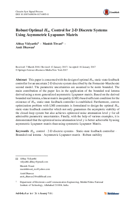 (PDF) Robust Optimal $$H_\infty $$ H ∞ Control for 2-D Discrete Systems Using Asymmetric ...