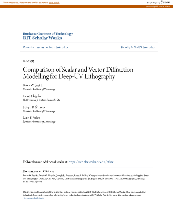 Pdf Comparison Of Scalar And Vector Diffraction Modeling For Deep Uv