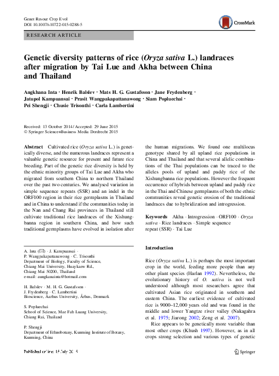 (PDF) Genetic diversity patterns of rice (Oryza sativa L.) landraces after migration by Tai Lue ...