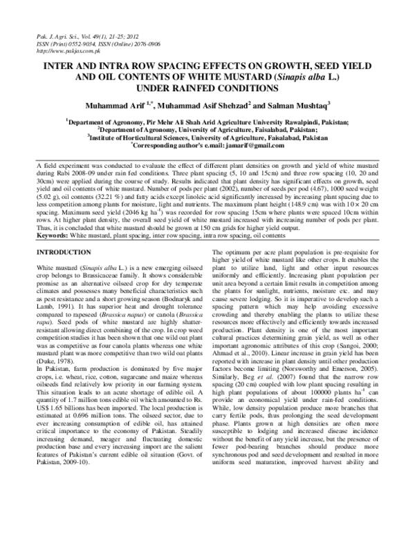 (PDF) INTER AND INTRA ROW SPACING EFFECTS ON GROWTH, SEED YIELD AND OIL CONTENTS OF WHITE ...