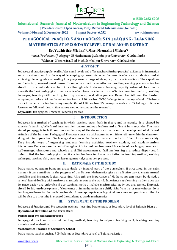 (PDF) PEDAGOGICAL PRACTICES AND PROCESSES IN TEACHING -LEARNING ...