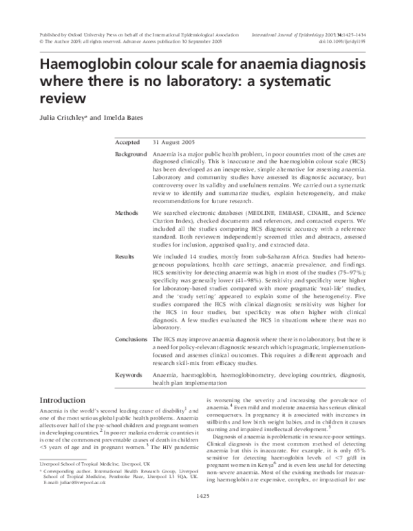 (PDF) Haemoglobin colour scale for anaemia diagnosis where there is no ...