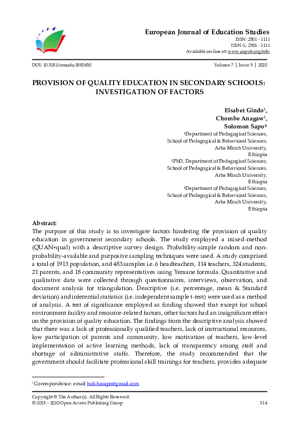 (PDF) Provision of Quality Education in Secondary Schools: An ...