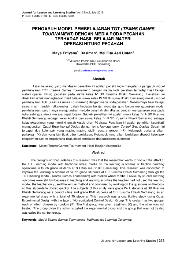 (PDF) Pengaruh Model Pembelajaran TGT (Teams Games Tournament) Dengan Media Roda Pecahan ...