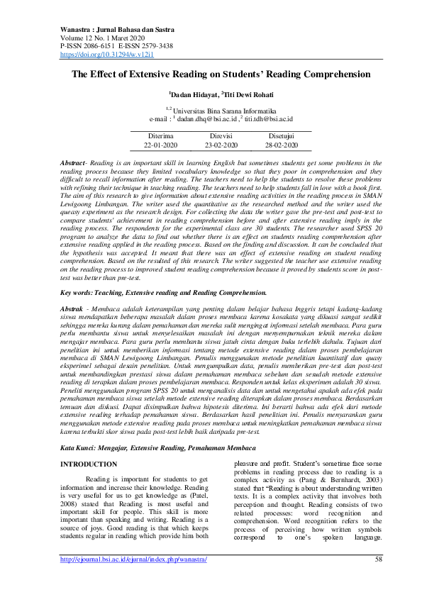 (PDF) The Effect of Extensive Reading on Students Reading Comprehension