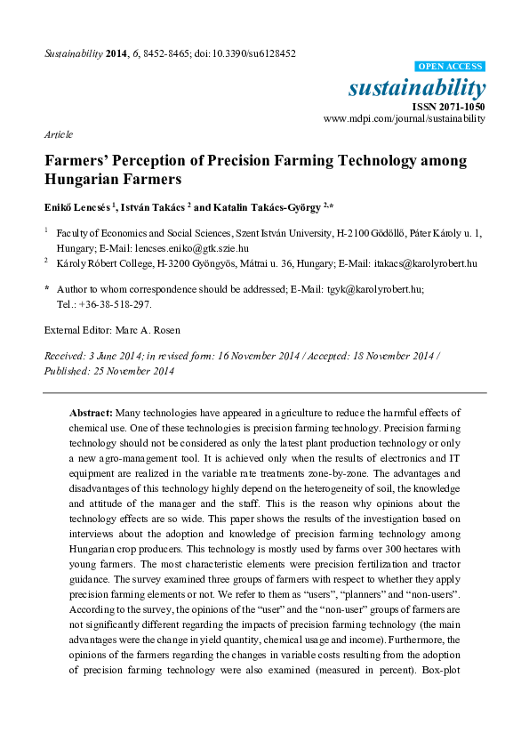 (PDF) Farmers’ Perception of Precision Farming Technology among Hungarian Farmers