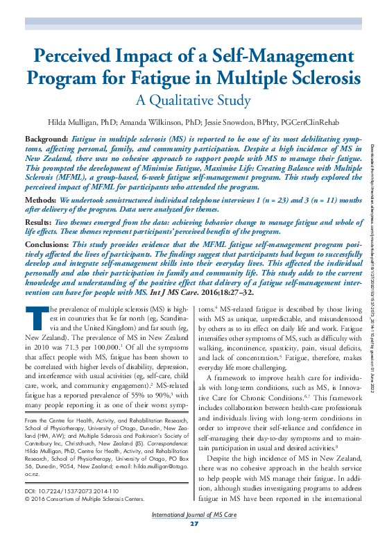 (PDF) Perceived Impact of a Self-Management Program for Fatigue in ...
