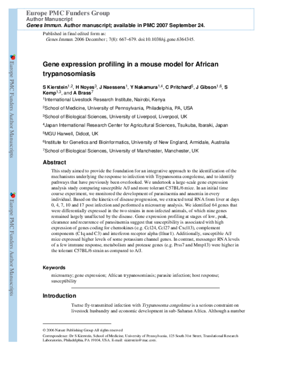 (PDF) Gene expression profiling in a mouse model for African ...