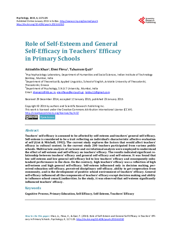 (PDF) Role of Self-Esteem and General Self-Efficacy in Teachers ...