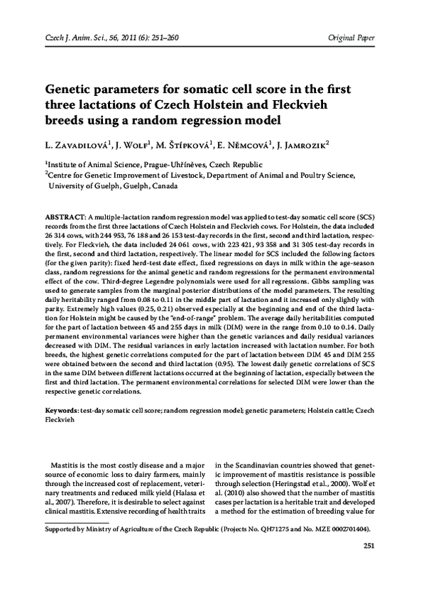 (PDF) Genetic parameters for somatic cell score in the first three lactations of Czech Holstein ...