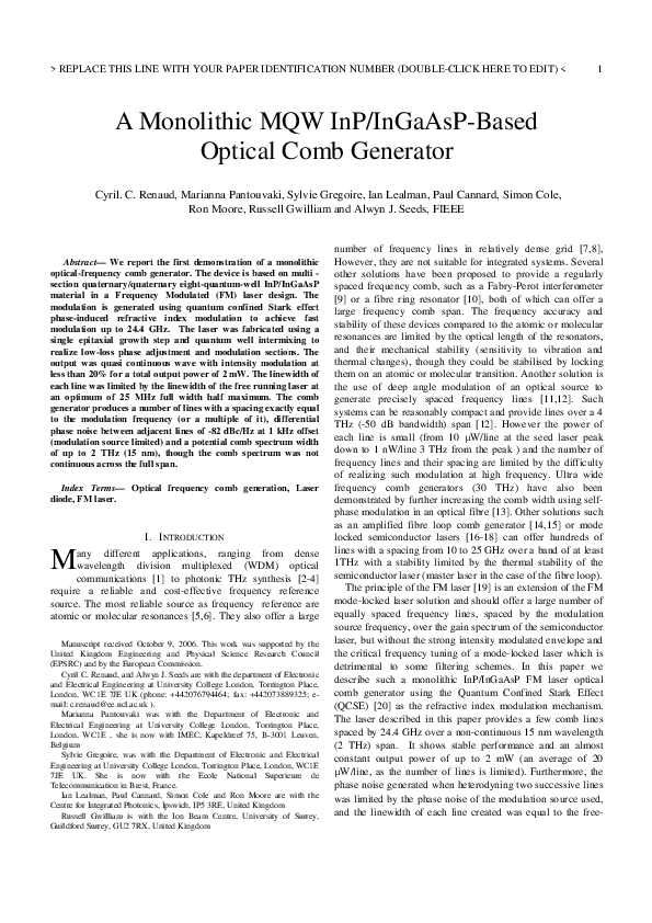 (PDF) A Monolithic MQW InP–InGaAsP-Based Optical Comb Generator