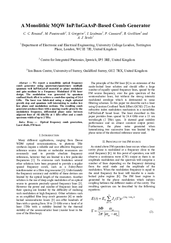 (PDF) A monolithic MQW InP/InGaAsP-based comb generator