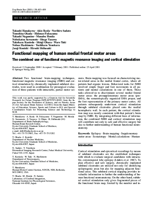(PDF) Functional mapping of human medial frontal motor areas