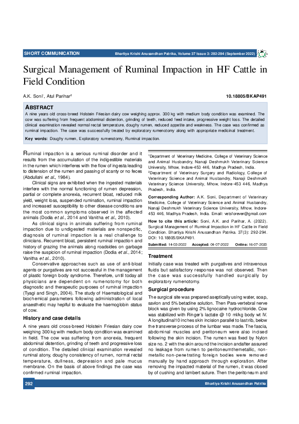 (PDF) Surgical Management of Ruminal Impaction in HF Cattle in Field ...